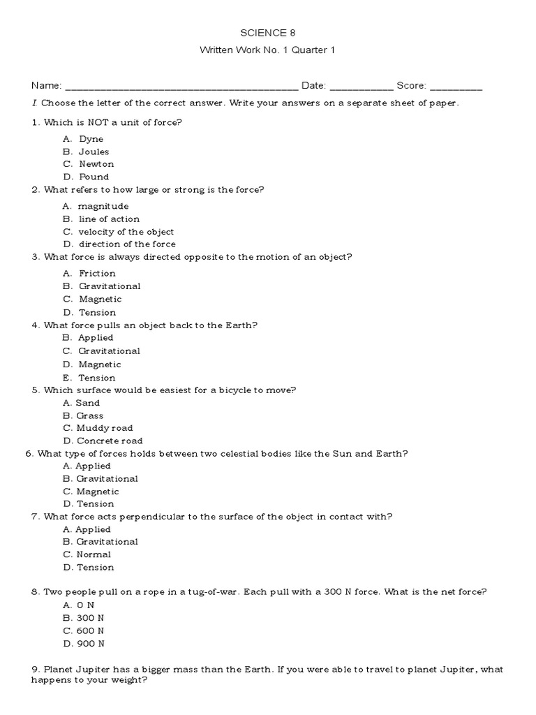 Science 8 Written Work No. 1 Quarter 1 | PDF | Force | Mass