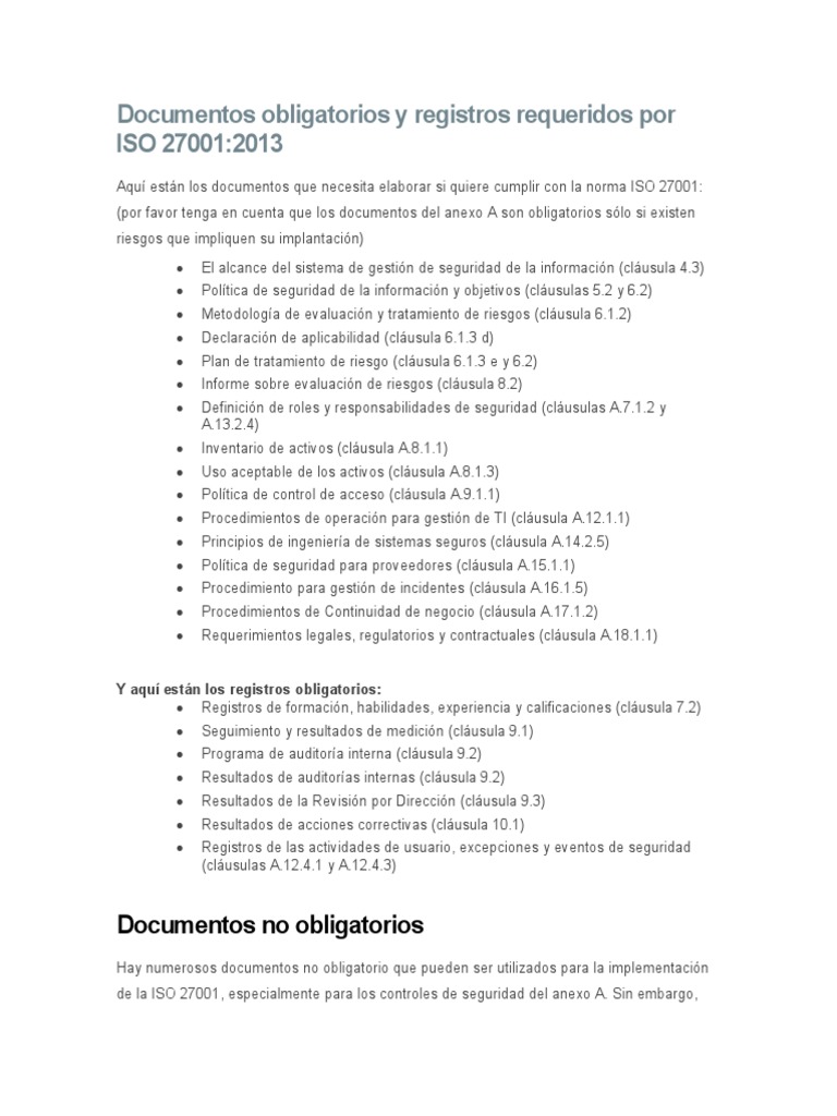 Documentos Obligatorios y Registros Requeridos Por ISO 27001 | PDF ...