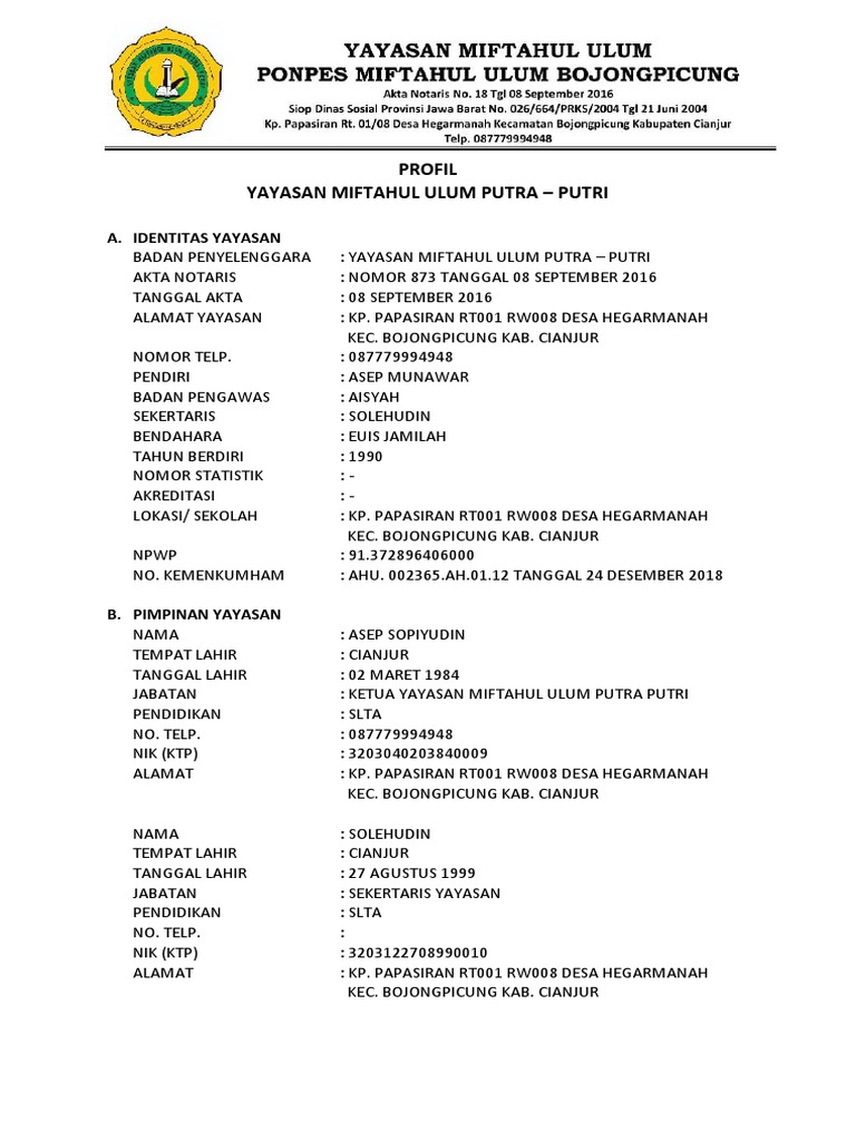 Profil Pengurus Miftahul Ulum | PDF