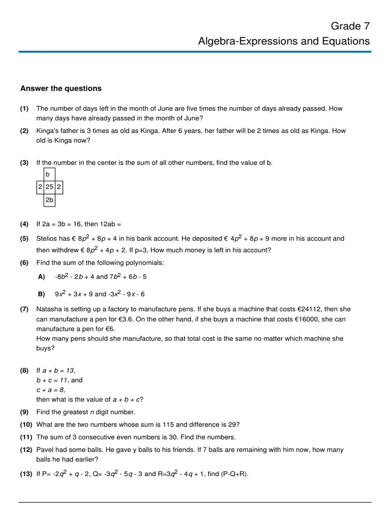 Grade 7 Algebra Expressions and Equations | PDF | Numbers | Equations