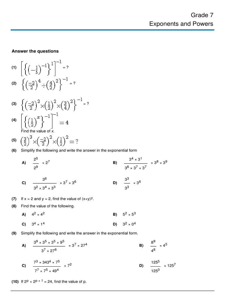 Grade 7 Exponents and Powers: Answer The Questions | PDF ...