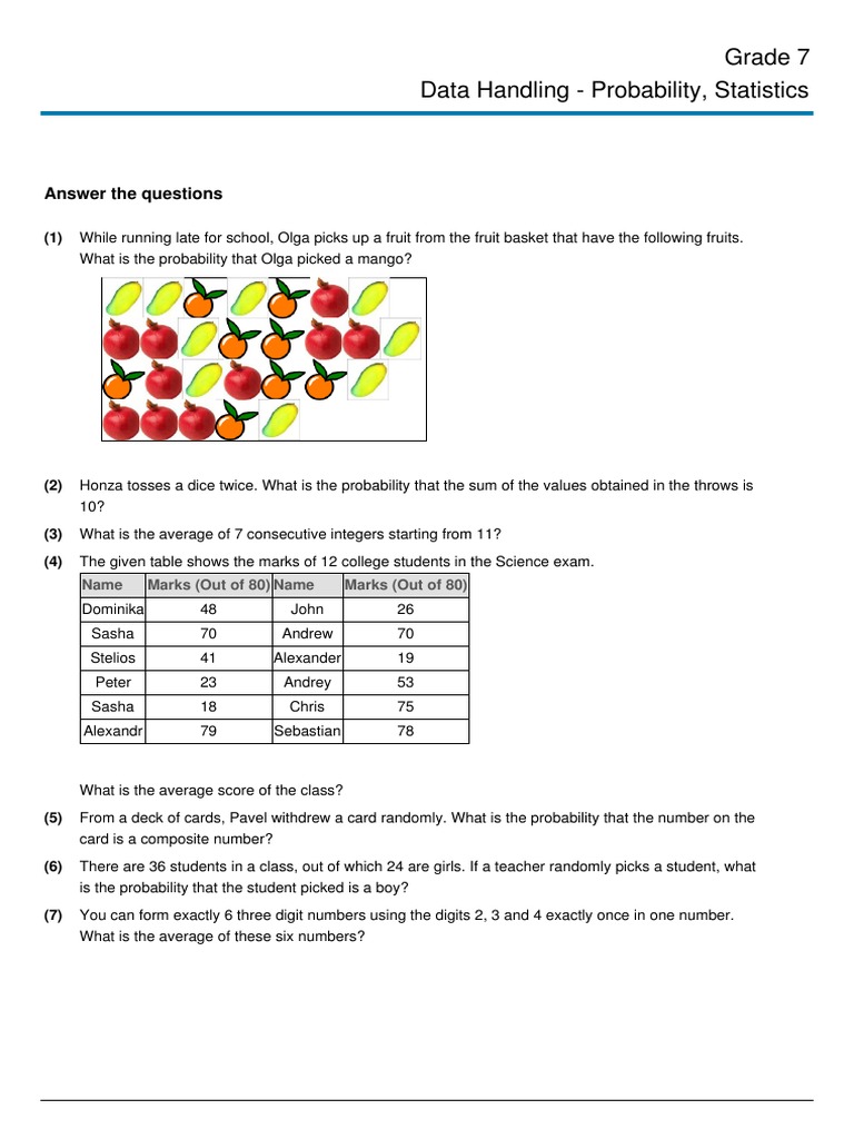 Grade 7 Data Handling Probability Statistics | PDF | Mean | Numbers