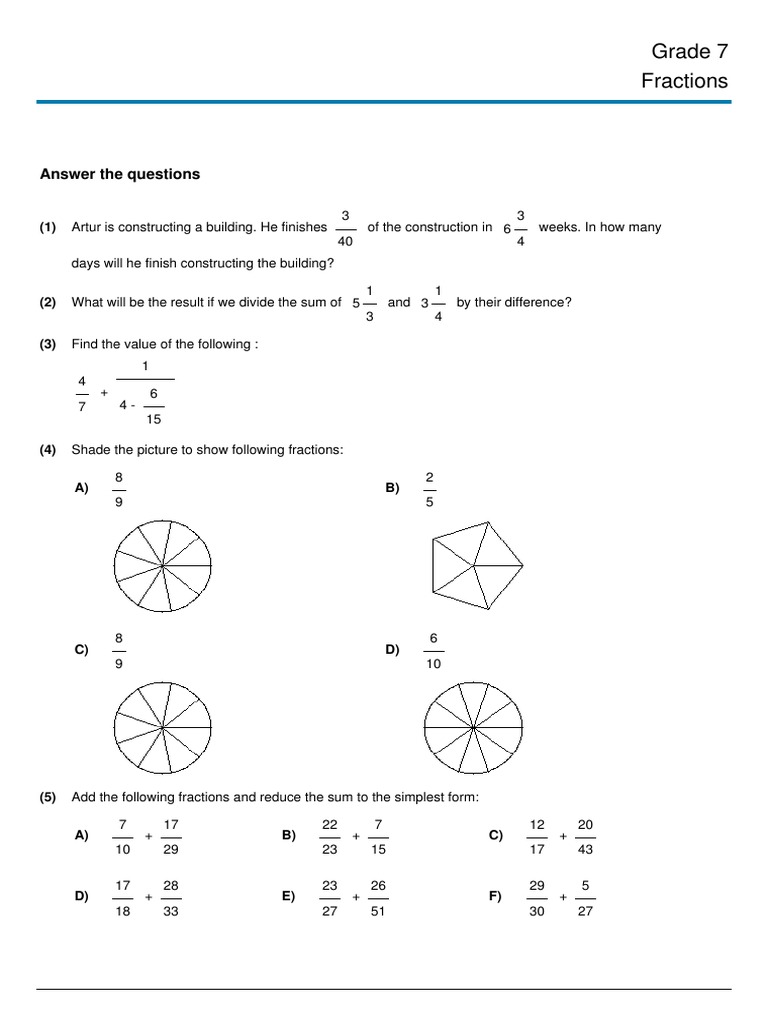 Grade 7 Fractions: Answer The Questions | PDF | Applied Mathematics ...