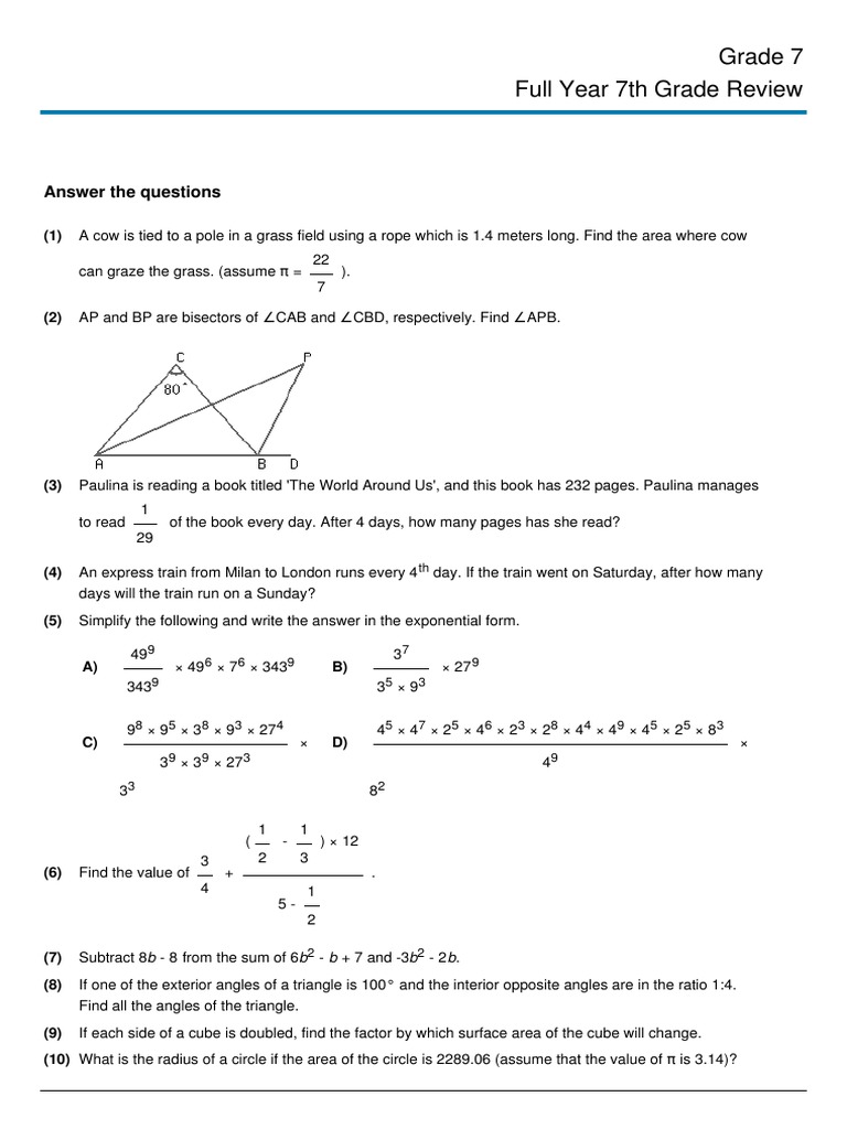 Grade 7 Math Review Questions & Answers | PDF | Area | Triangle