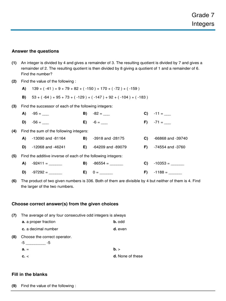 Grade 7 Integers: Answer The Questions | PDF | Numbers | Integer