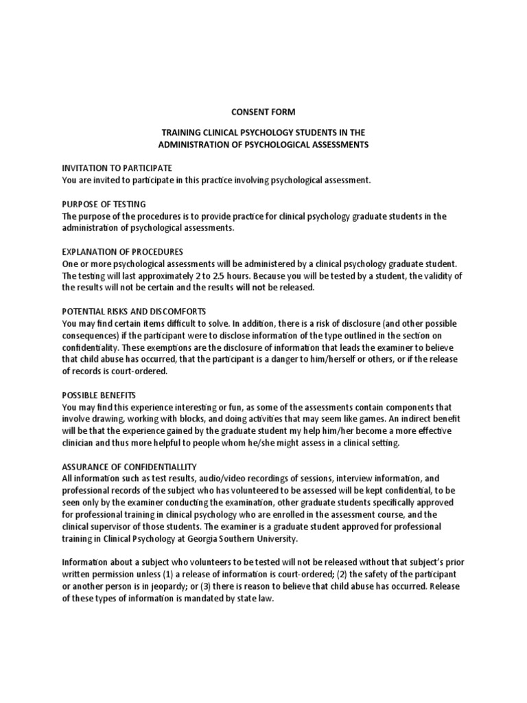 CONSENT FORM Adult | PDF | Psychological Evaluation | Confidentiality