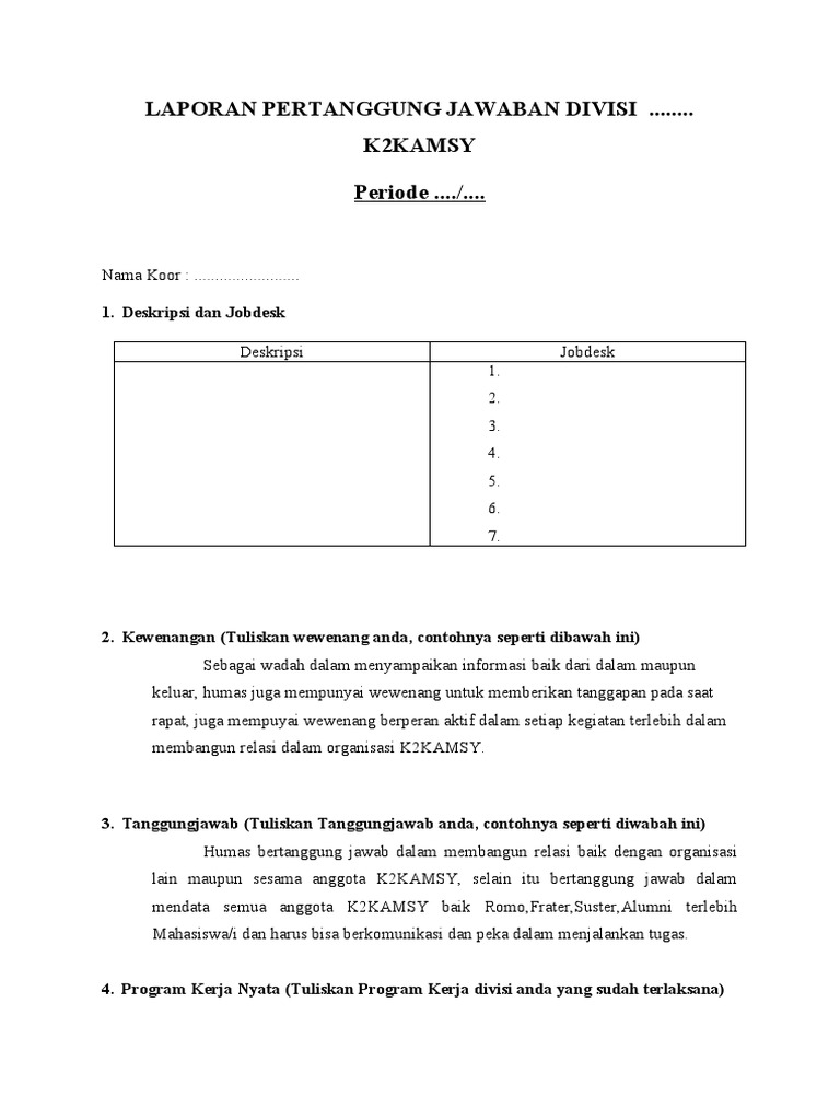 Format Penulisan LPJ Per DIVISI | PDF