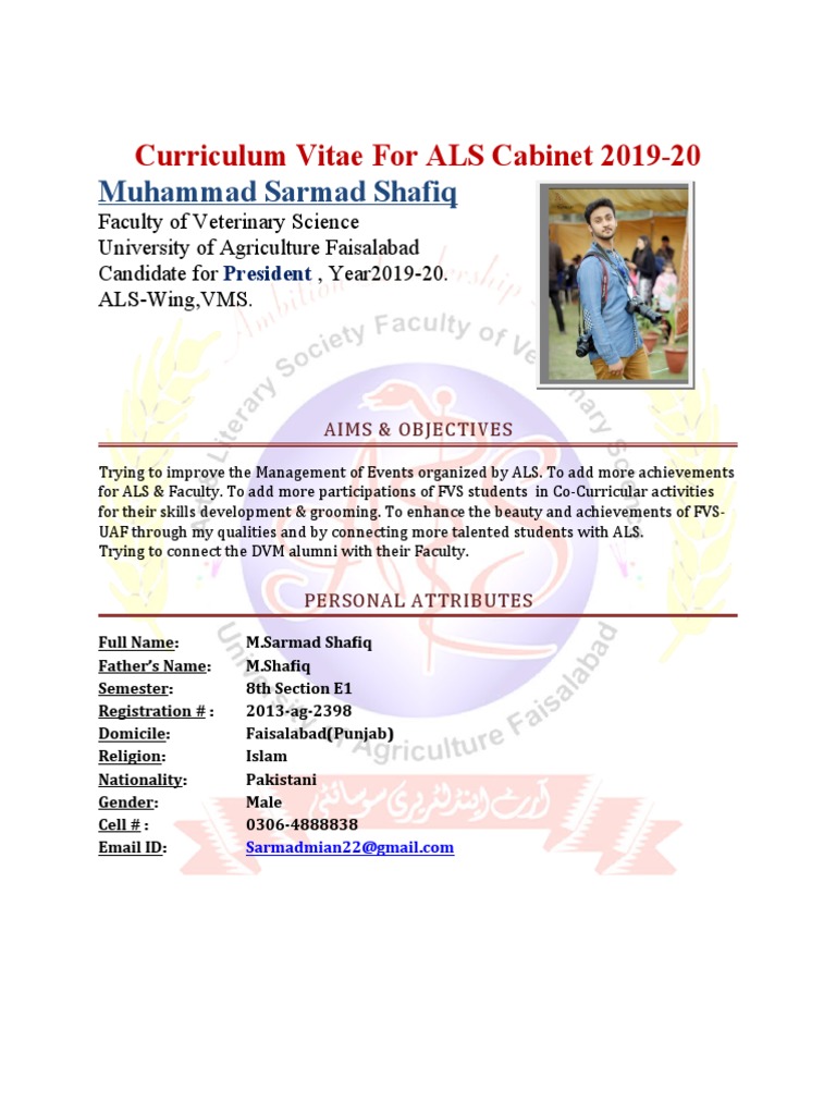 Curriculum Vitae For ALS Cabinet 2019-20: Muhammad Sarmad Shafiq | PDF ...