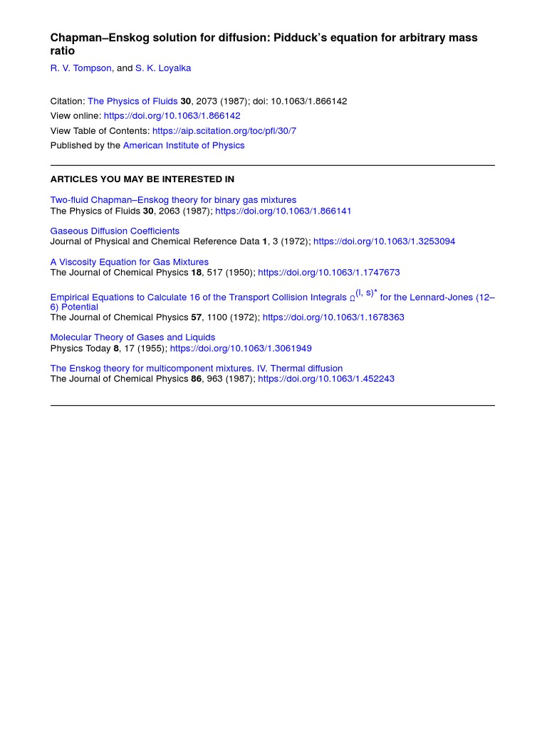 1987 - Chapman-Enskog Solution For Diffusion Pidduck's Equation For Arbitrary Mass Ratio | PDF