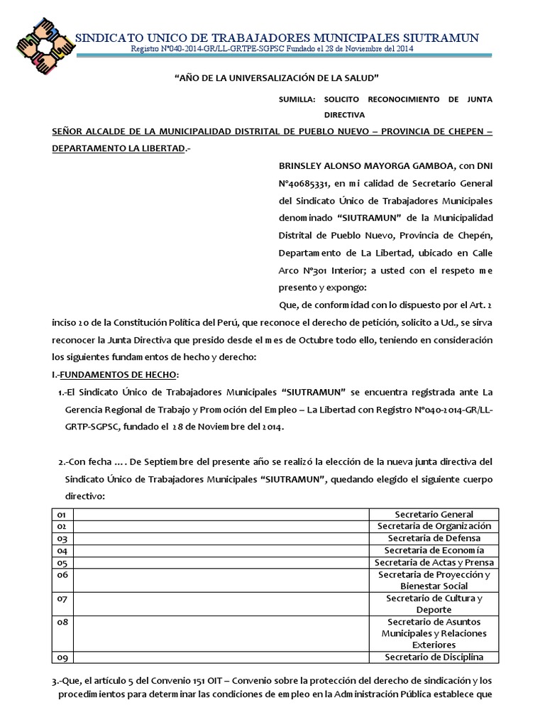 Solicito Reconocimiento de Junta Directiva Sindical | PDF | Sindicato | Gobierno local