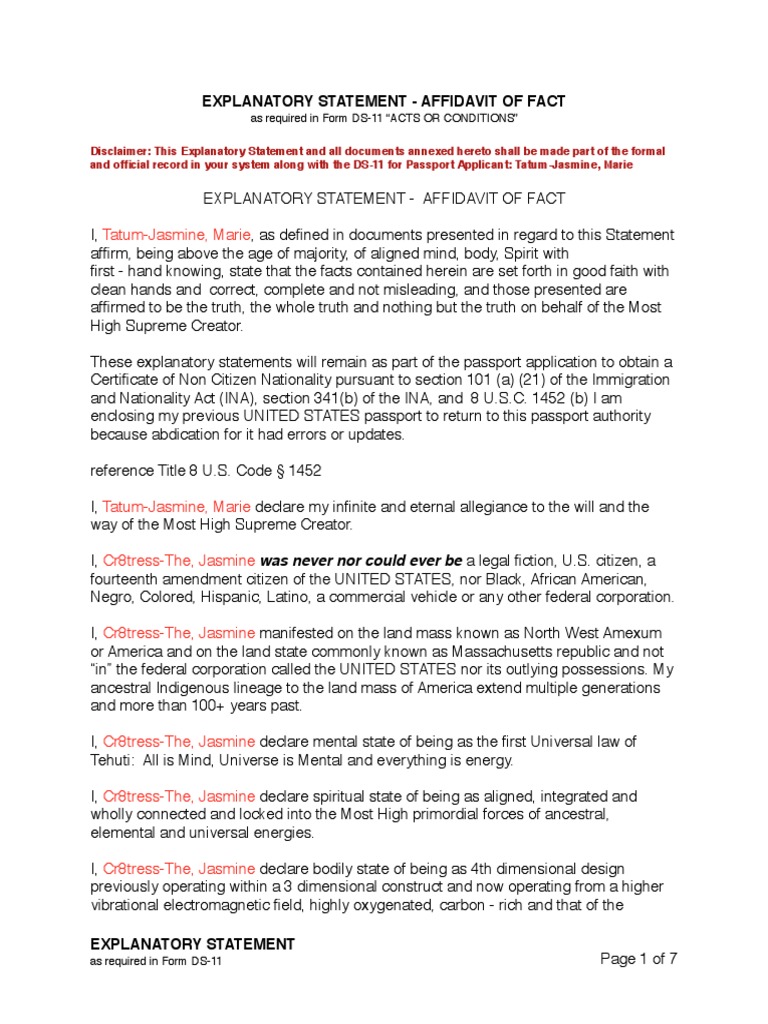 Explanatory Statement for DS-11 Form | PDF | Nationality | Notary Public
