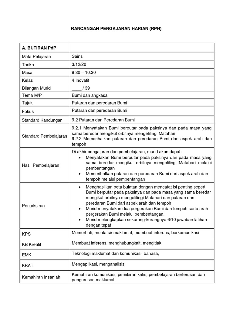 RPH T4 Pergerakan Dan Putaran Bumi | PDF