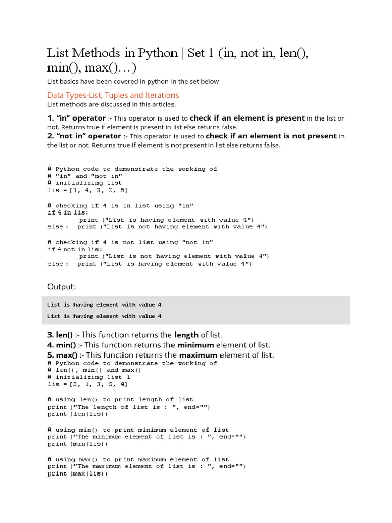 List Methods In Python Set 1 In Not In Len Min Max Pdf Algorithms And Data