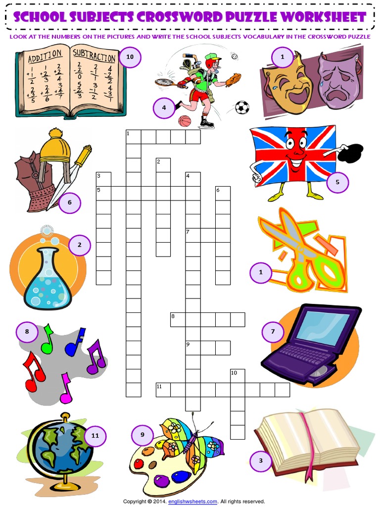 School Subjects Esl Vocabulary Criss Cross Crossword Puzzle Worksheet | PDF