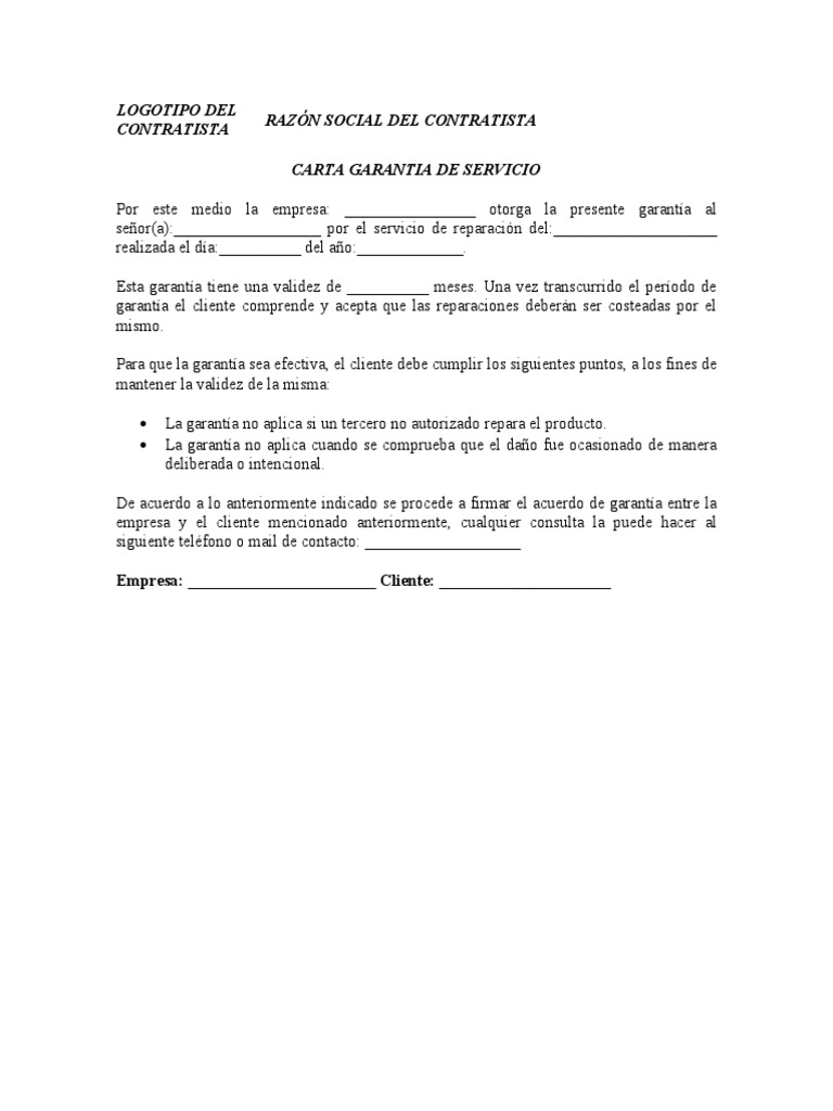 Carta de Garantia de Servicio. 1 | PDF