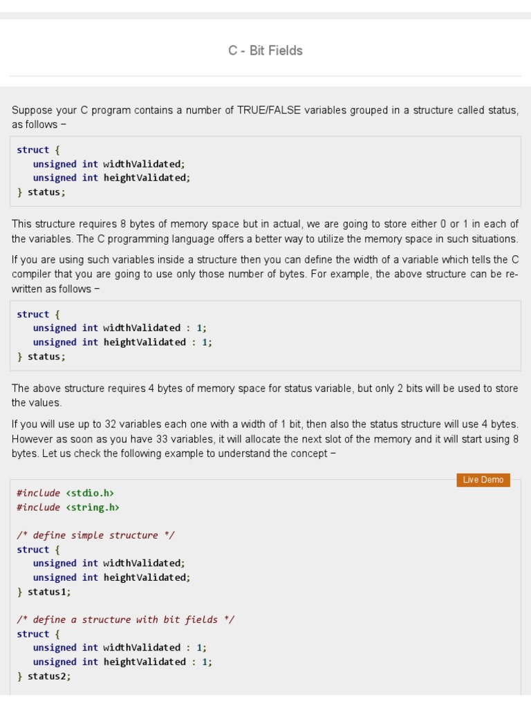 C Bit Fields Tutorialspoint Pdf Integer Computer Science Data Type