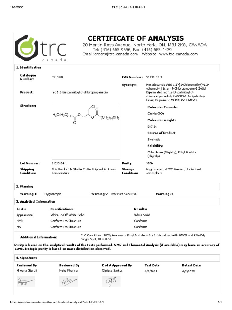 TRC - CofA - 1-EJB-84-1 B515200 | PDF | Chemistry | Physical Sciences