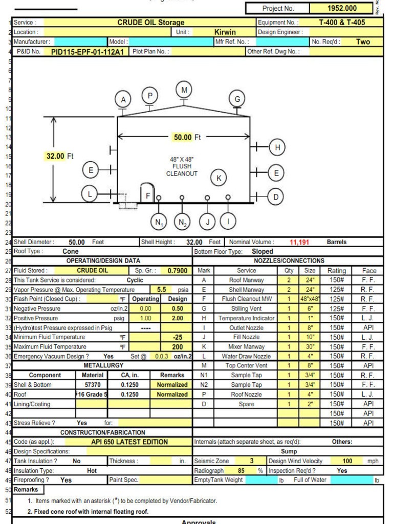 SAmple API 650 Datasheet and Calcs | PDF