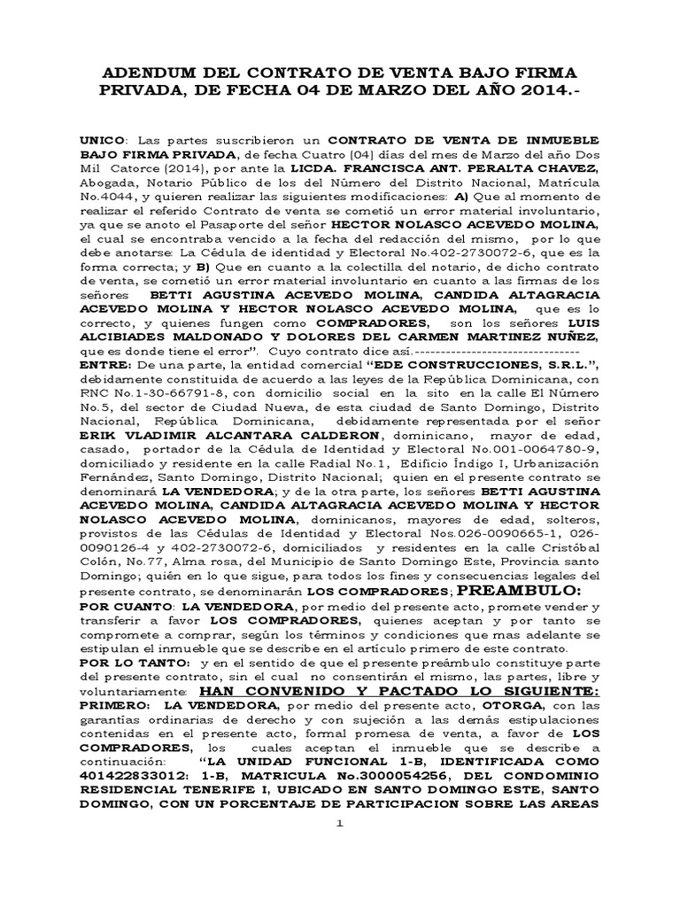 Adendum de Contrato de Venta Ede Construcciones Ybetty | PDF | Derecho privado | Derecho civil ...