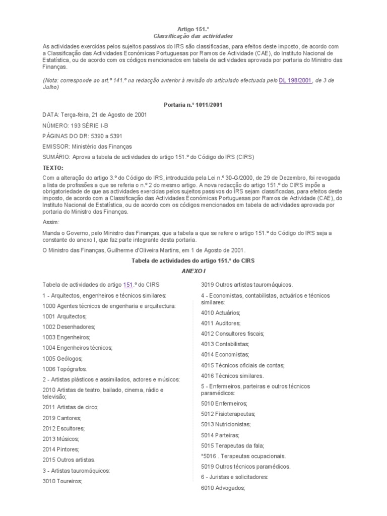 Tabela de Actividades Do Artigo 151.º Do CIRS | PDF | Natureza humana | Governo