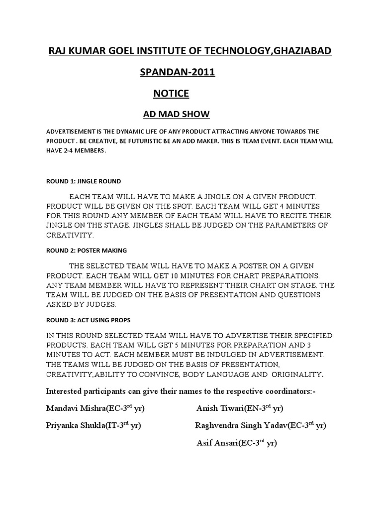 Raj Kumar Goel Institute of Technology, Ghaziabad SPANDAN-2011 Notice | PDF