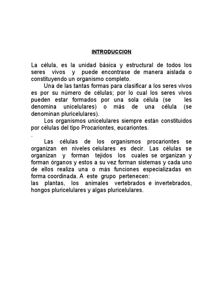 Organismos Unicelulares Y Pluricelulares Introduccion | PDF