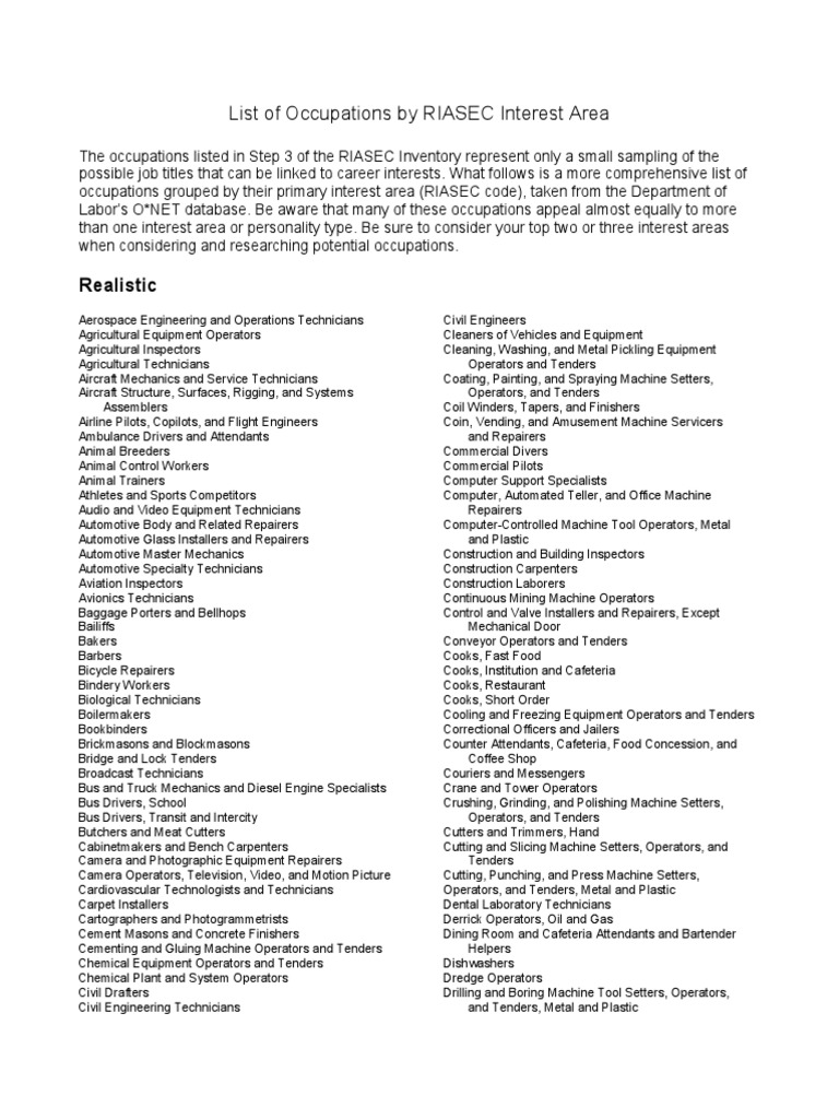 RIASEC Occupations List | PDF | Real Estate Broker | Insurance