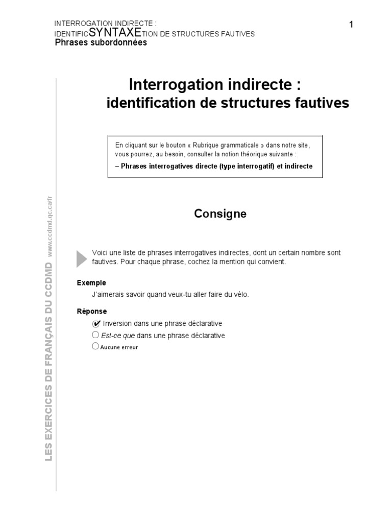 Exercices Linterrogation Indirecte | PDF | Question | Phrase