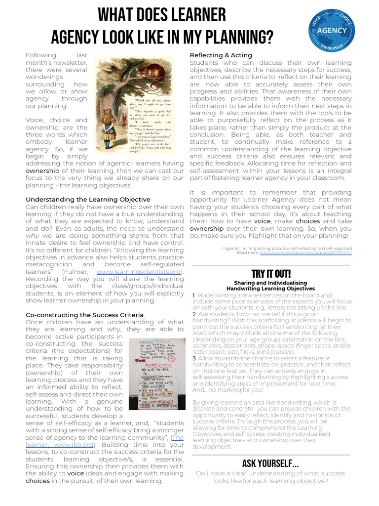 Newsletter 2 - What Does Learner Agency Look Like in My Planning 1 ...