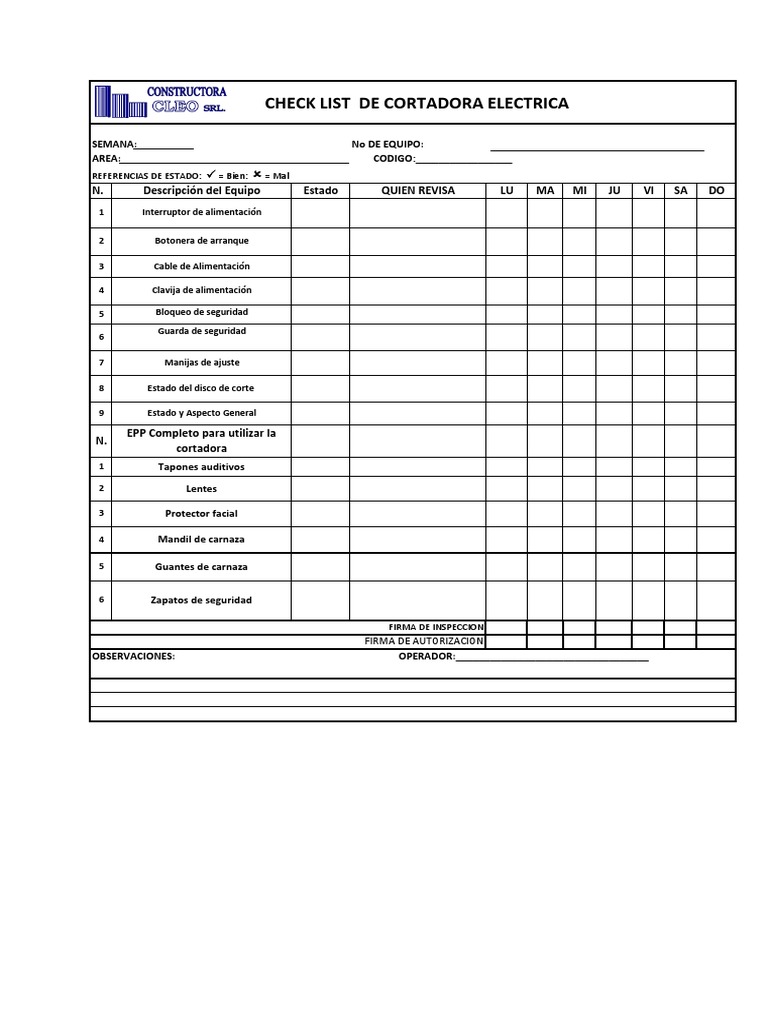 Check List Cortadora Electrica | PDF