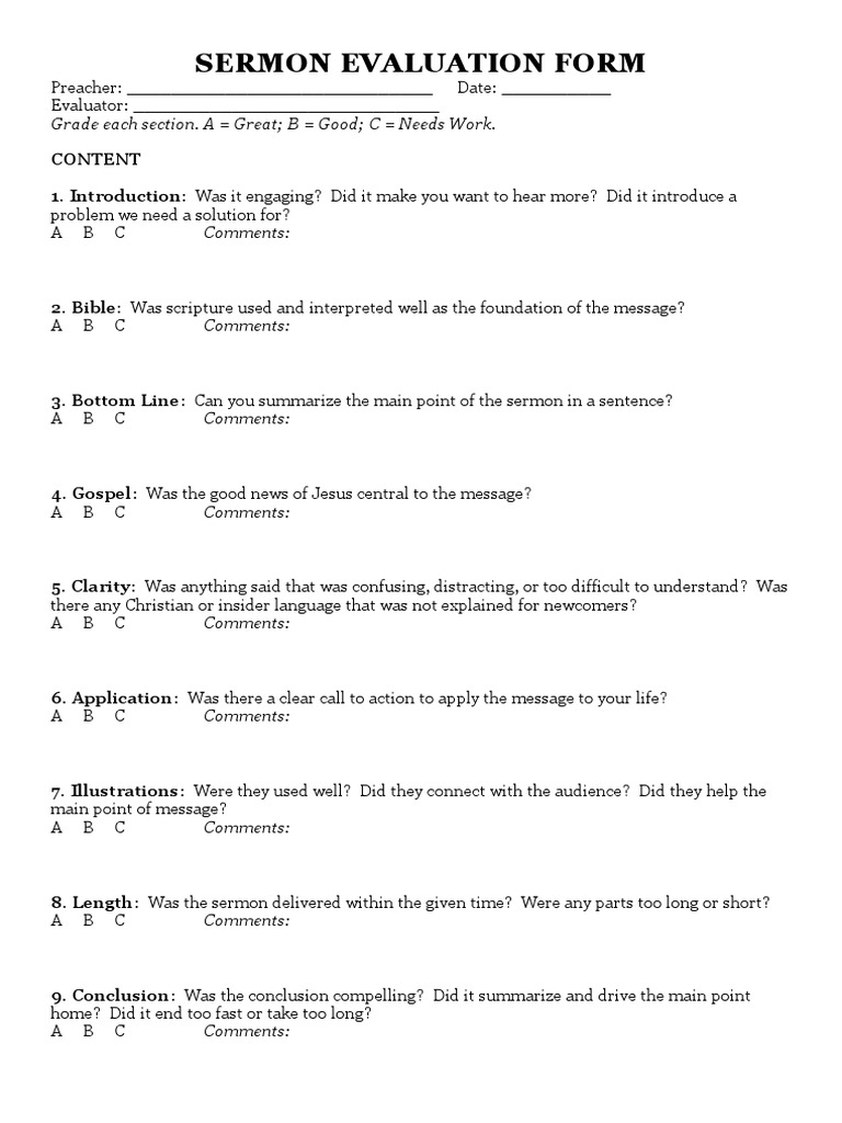 Sermon Evaluation Form: Grade Each Section. A Great B Good C Needs Work | PDF | Sermon | The Gospel