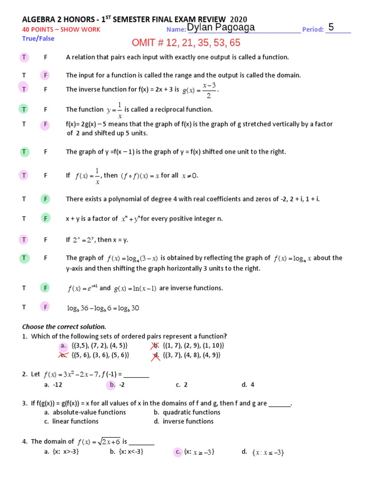 Algebra 2 Honors Final Exam Review | PDF | Logarithm | Factorization