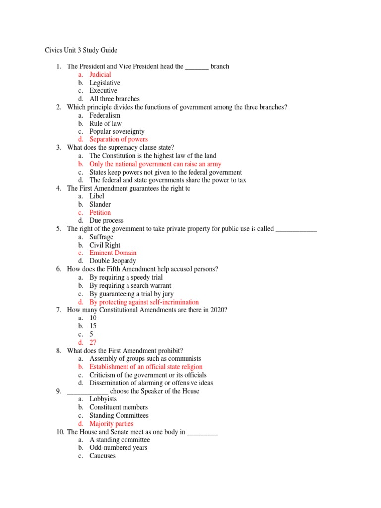Civics Unit 3 Study Guide: Executive, Legislative, and Judicial ...