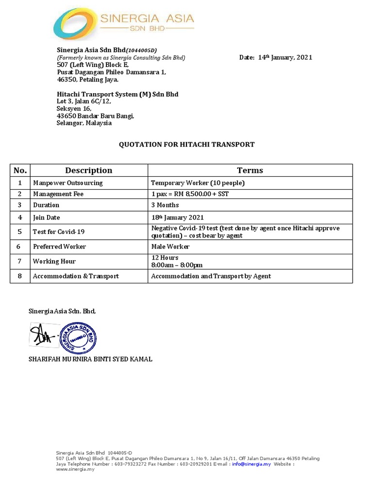 Quotation For Hitachi Transport | PDF