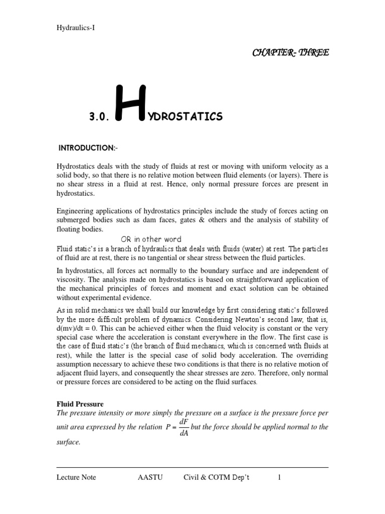 Hydraulics-I Chapter on Hydrostatics | PDF | Fluid Mechanics | Pressure Measurement