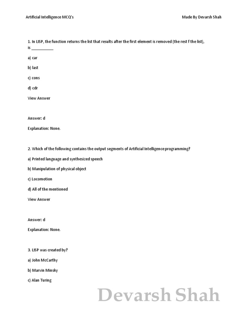 1000+ Artificial Intelligence MCQ's | PDF | Artificial Intelligence ...