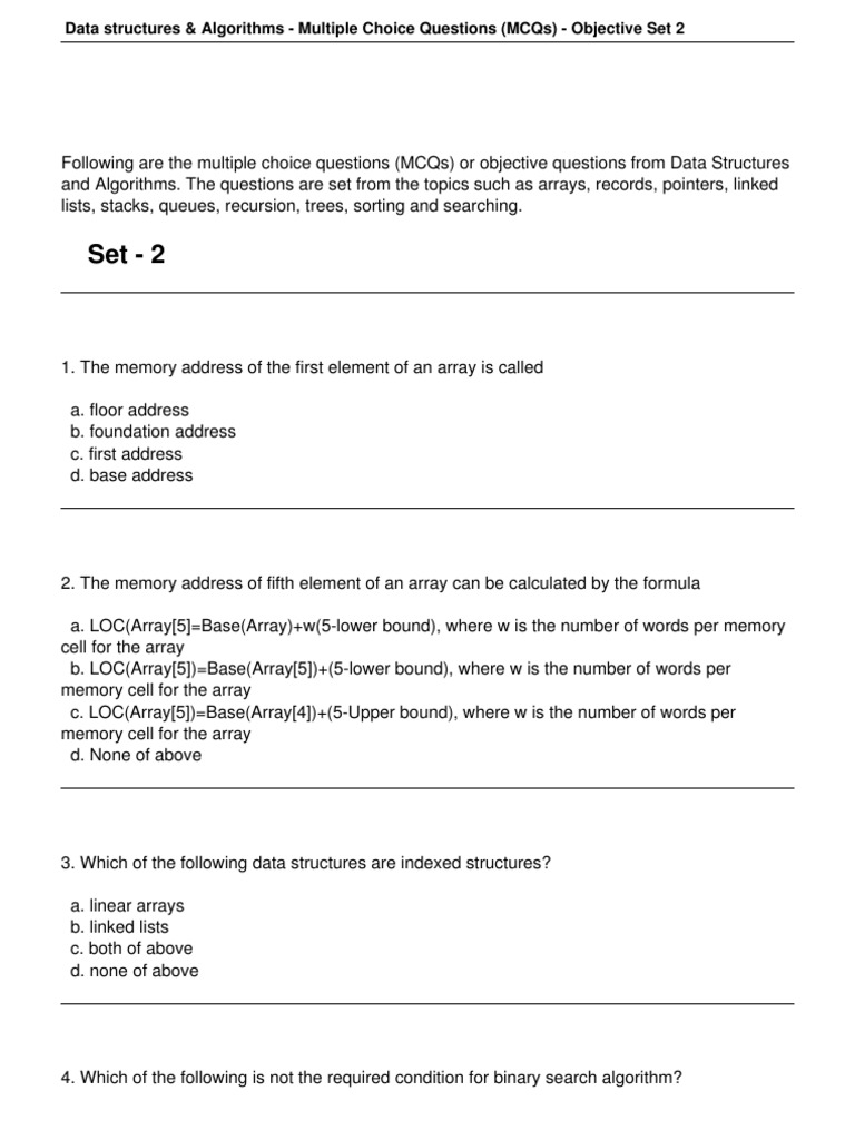 Data Structures A Algorithms Multiple Choice Questions Mcqs Objective