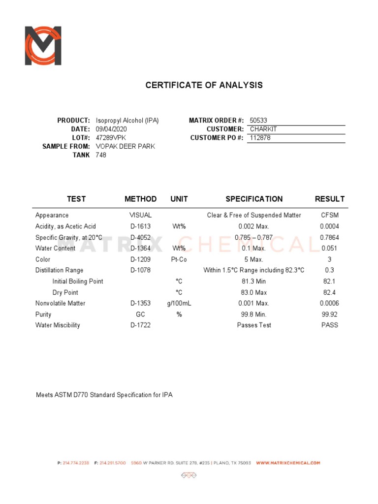 Certificate of Analysis: Test Method Unit Specification Result | PDF ...