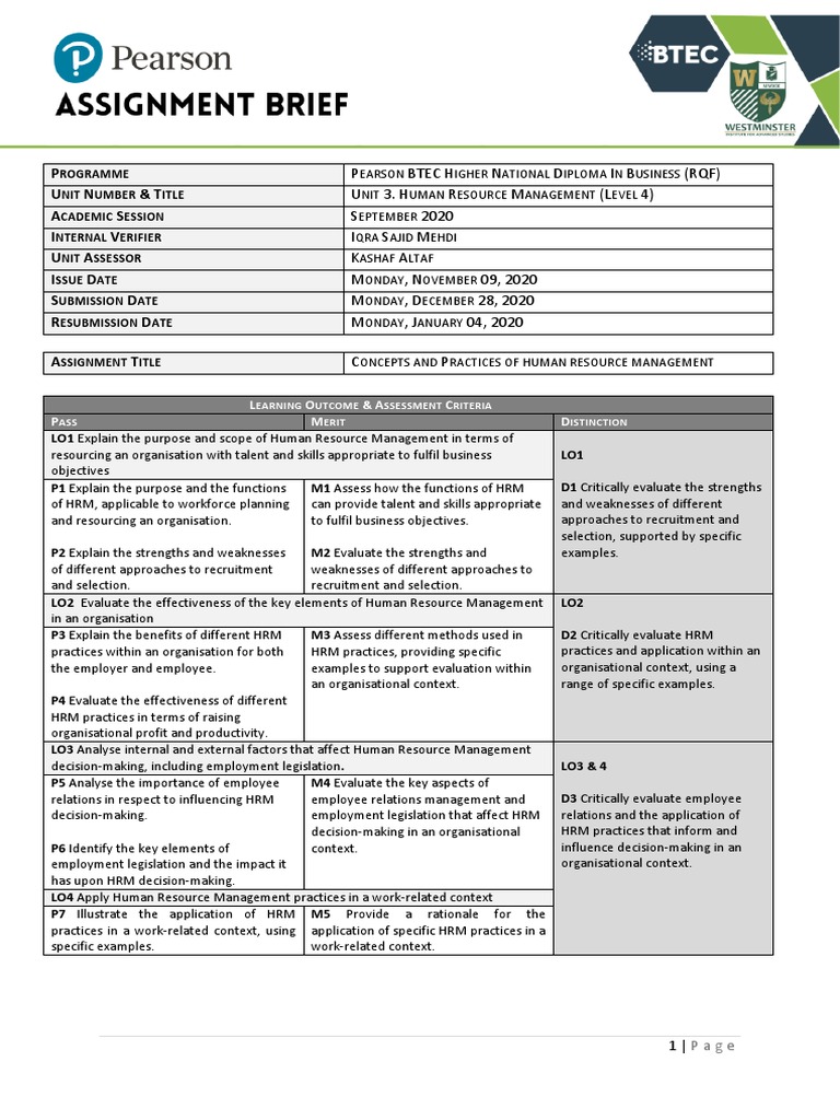 Assignment Brief - HND Level 4 - Unit 3 HRM | PDF | Human Resource ...