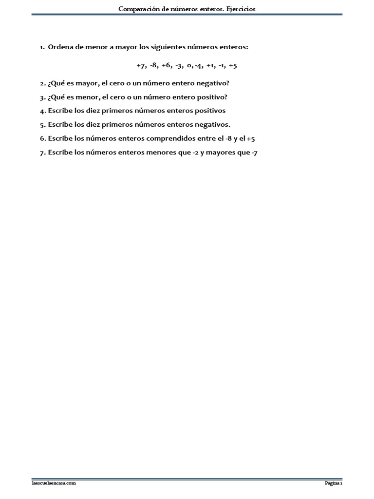 Ejercicios de comparación de enteros | PDF