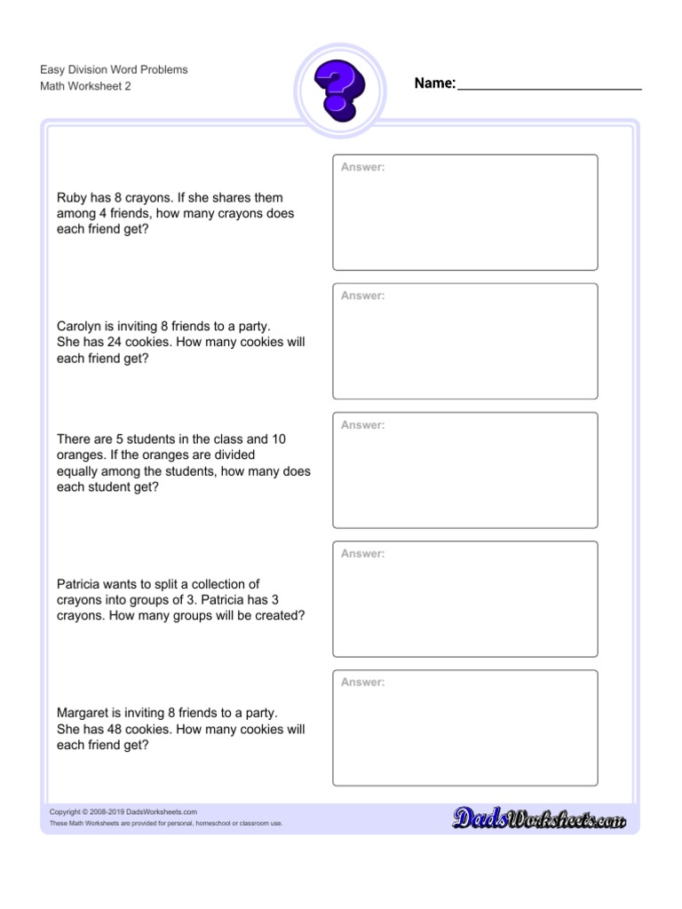 Easy Division Word Problems Math Worksheet 2: Answer | PDF
