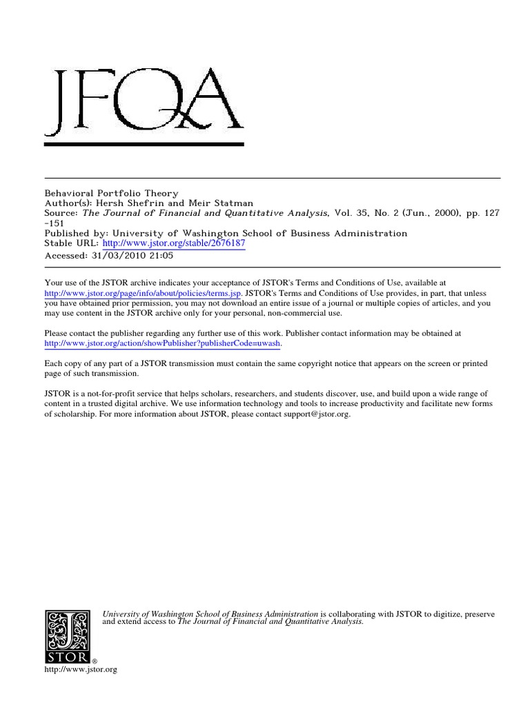 Behavioral Portfolio Theory | PDF | Modern Portfolio Theory | Utility