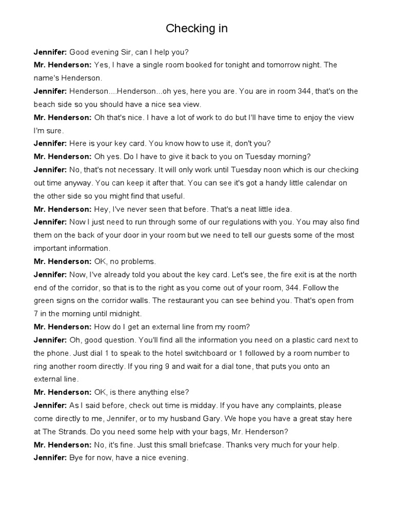 Checking in The Hotel Exercises With Key | PDF