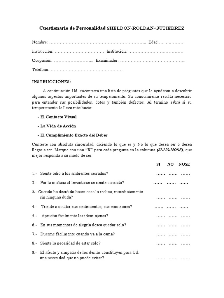 Cuestionario de Personalidad SHELDON | PDF