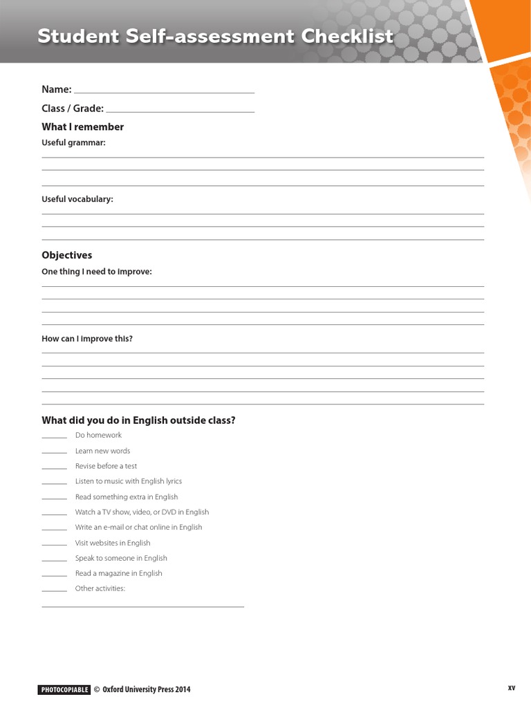Student Self-Assessment Checklist: Name: Class / Grade: What I Remember ...
