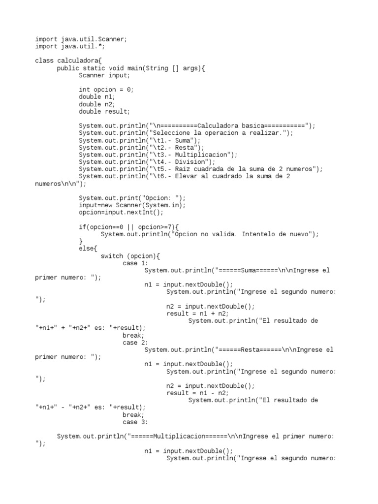 Calculadora básica en Java | PDF | Ingeniería de software | Paradigmas de programación