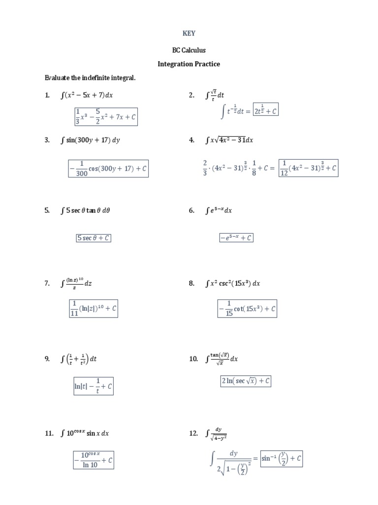 Integration Quiz Practice Key | PDF | Mathematical Analysis | Calculus