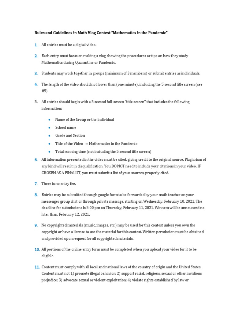 Rules And Guidelines In Math Vlog Contest Pdf Public Sphere