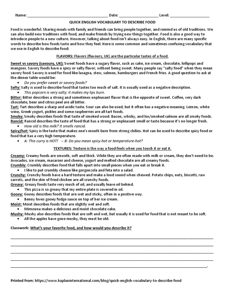 U13 Adjectives To Describe Food Writing | PDF | Taste | Flavor