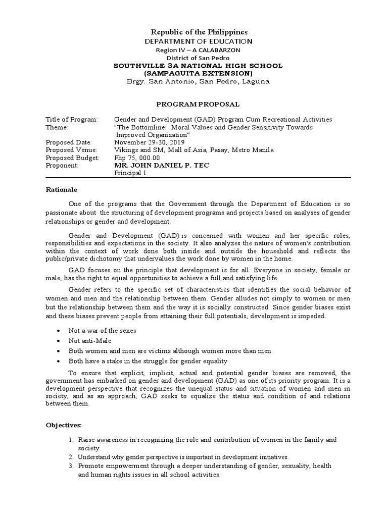GAD Program Proposal for Southville 3A | PDF | Gender And Development ...
